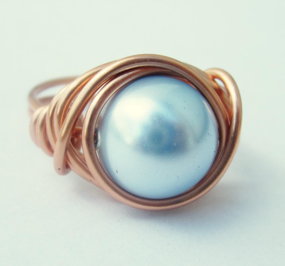 Light Blue Swarovski Pearl Ring In Copper on Luulla